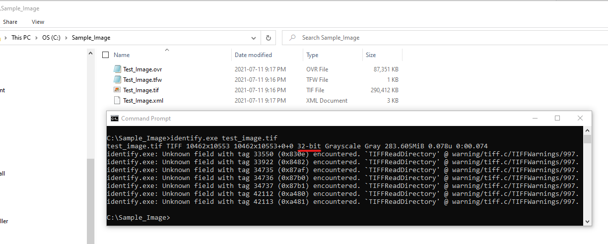 See example below. In this image I can tell that the TIFF is a 32-bit.