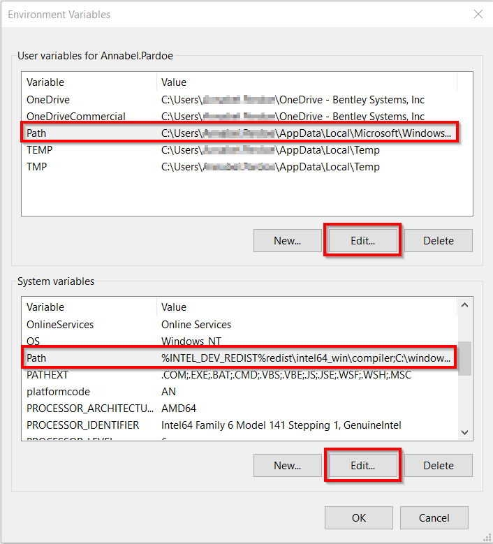 4. In the top window, called 'User variables for name', click on 'Path' and select 'Edit'. This ...